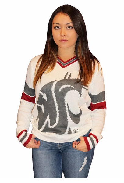 WSU White with Gray Logo and Striped Collar Tribute V-Neck Sweater (UN ...